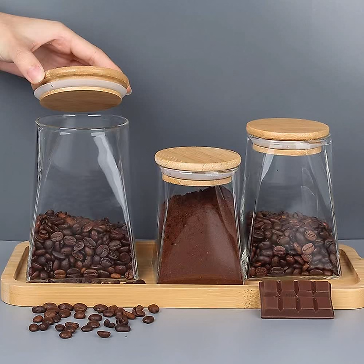 WEIRUIFANZHI 3 Pack Glass Food Storage Jars with Bamboo Lids Set Clear Airtight Canisters Kitchen Decorative Containers for Candy,Cookie Coffee,Sugar,Spice(17OZ/25OZ/32OZ)