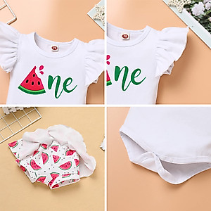 FYMNSI My 1st Birthday Outfit Watermelon Baby Girl Ruffle Romper Mini Tutu Shorts Skirted Bummies Headband I’m One Cake Smash Photo Shoot Toddler Summer Fruit Themed First Birthday Party Supply