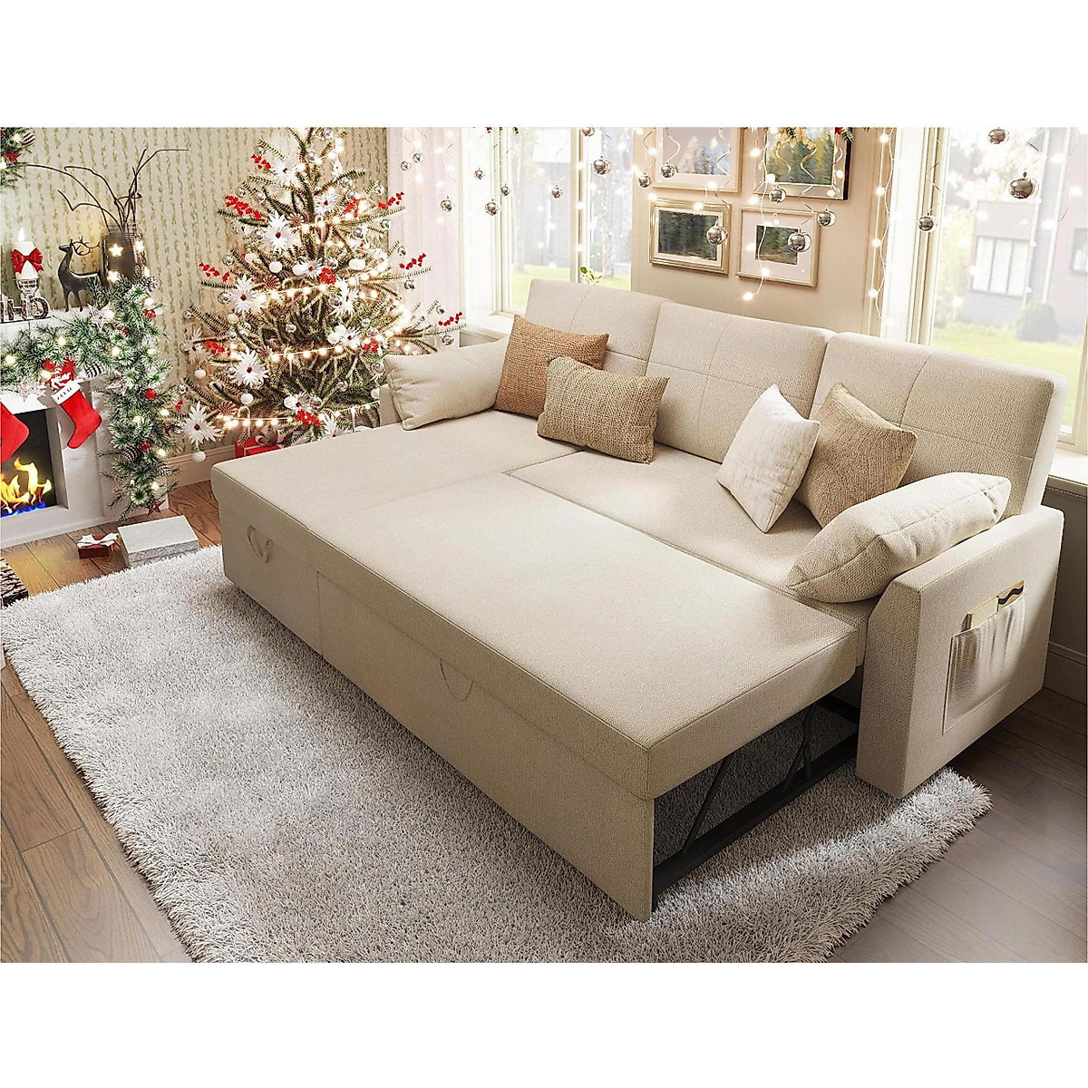 PaPaJet Sleeper Sofa Bed with Storage Chaise-2 in 1 Sectional Pull Out Couch Bed for Living Room, Beige