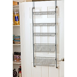 Bee Home Over the Cabinet Pantry Door or Wall Mounted Heavy Duty Metal Basket Organizer Storage Rack for Kitchen, Bathroom, Office, Toy Room includes hooks for over the door or wall mounting (5 Tier)