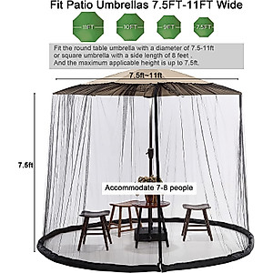 7.5-11 FT Patio Umbrella Mosquito Net, Polyester Mesh Umbrella Screen, Universal Canopy Umbrella Mosquito Netting with Zipper Door and Adjustable Rope, Fit Outdoor Umbrellas and Patio Tables