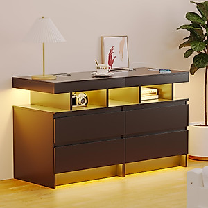 dnbss Nightstand with Wired/Wireless Charging Station, Auto LED Lighting Bedside Tables with Drawers, Night Stand with 3-Color Lights & Adjustable Brightness for Bedroom (Black)