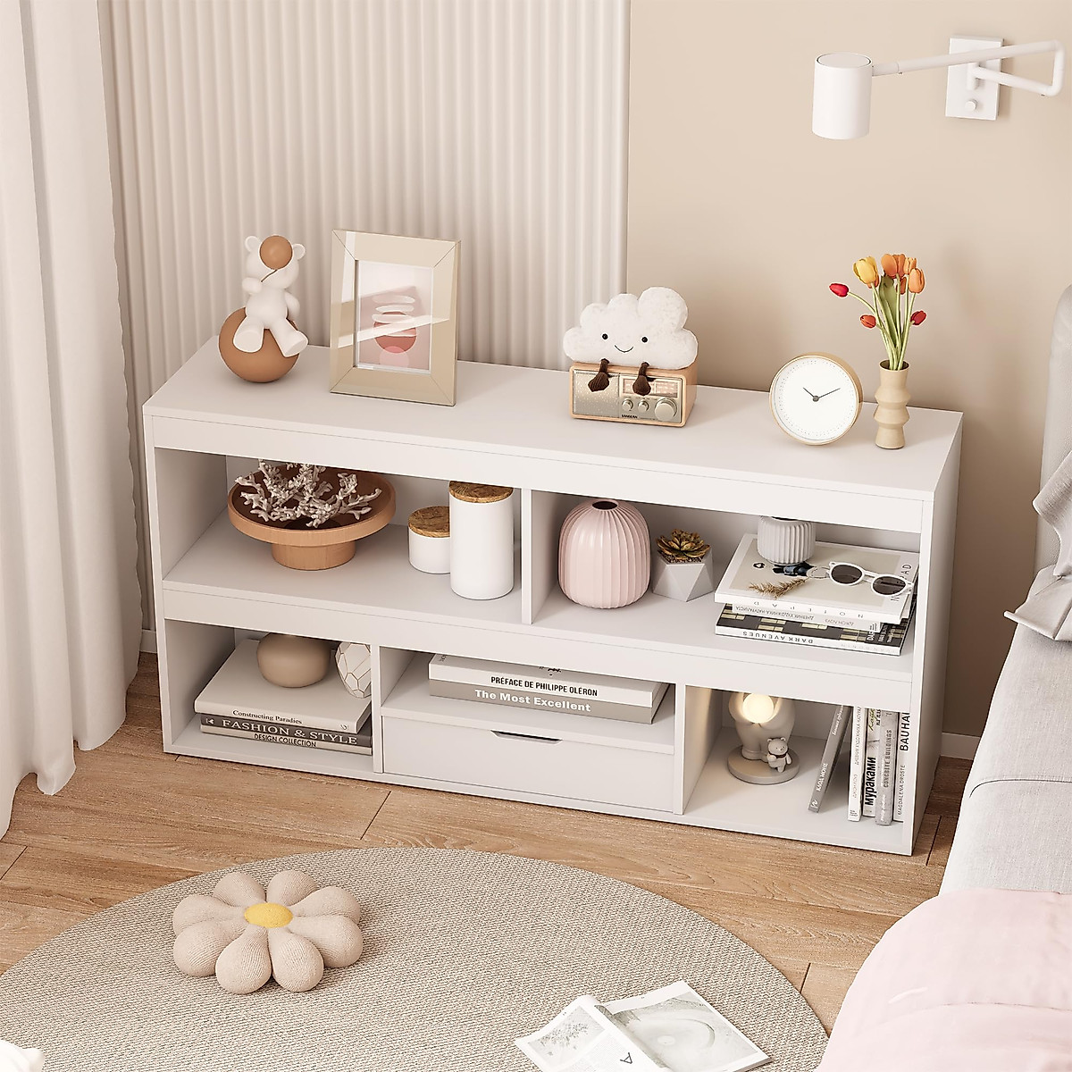 IDEALHOUSE Toy Storage Organizer 5 Cubes Kids Bookshelf with Drawer Wooden Storage Cabinet Playhouse Shelves Cabinet for Boys Girls Toy Bookcase Playroom, Classroom, Nursery, Kids Room