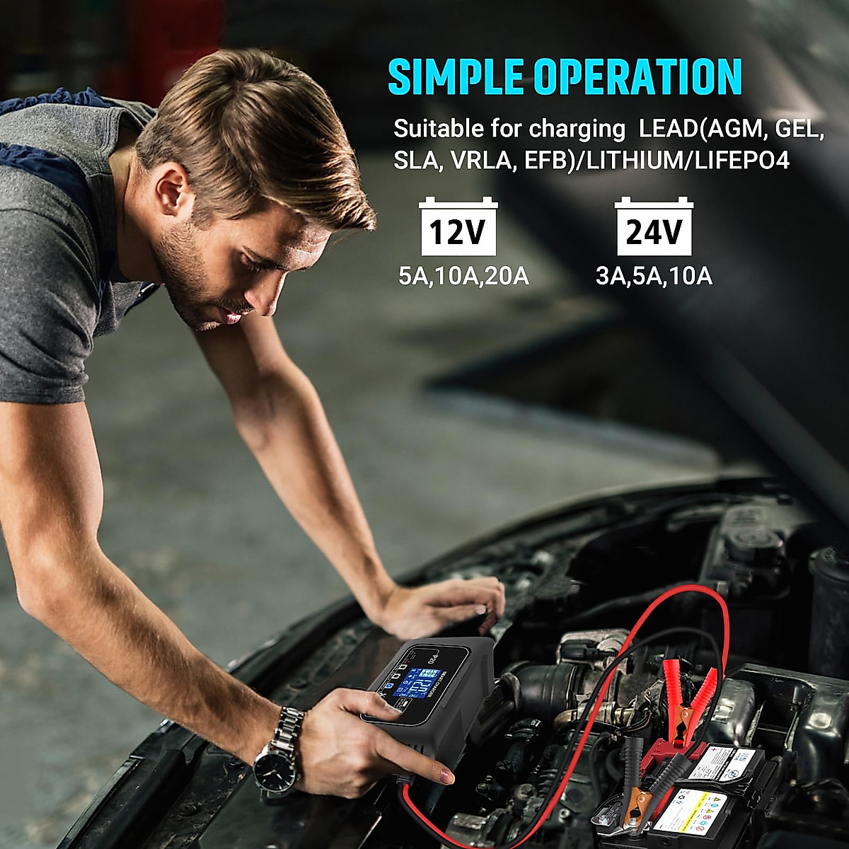 20-Amp Smart Battery Charger,12V/20A and 24V/10A.Lithium,Lifepo4,Lead-Acid(AGM/Gel/SLA..) Car Battery Charger,Trickle Charger, Maintainer/Pulse Repair Charger,for Car ,Boat,Motorcycle, Lawn Mower