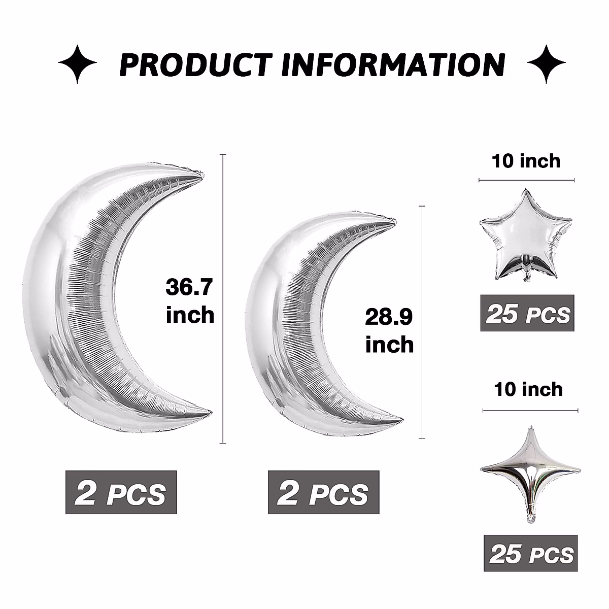 54Pcs Star Foil Balloons Moon Foil Mylar Balloons with 50Pcs Silver Star Balloons and 4Pcs Large Moon Foil Balloons for Baby Shower Christmas Anniversary Engagement Wedding Birthday Party Decoration