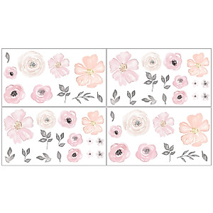 Blush Pink, Grey and White Wall Decal Stickers for Watercolor Floral Collection by Sweet Jojo Designs - Set of 4 Sheets