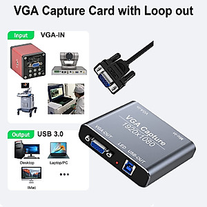 VGA Capture Card, VGA to USB Capture Device with VGA Loopout, Mic Input Support HD 720P Video for Gaming, Streaming, Teaching, Video Conference, Live Broadcasting