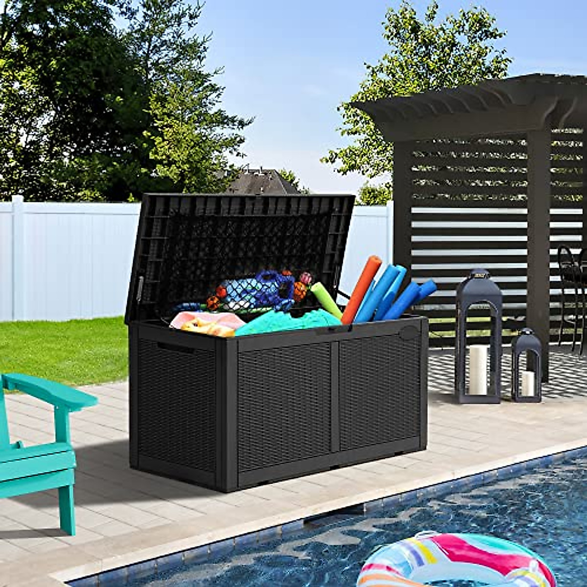 YITAHOME 100 Gallon Large Deck Box w/Storage Net, Resin Outdoor Storage Boxes, Waterproof Patio Cushion Storage Bench for Patio Furniture, Pool Supplies, Garden Tools- Rattan,Lockable (Black)