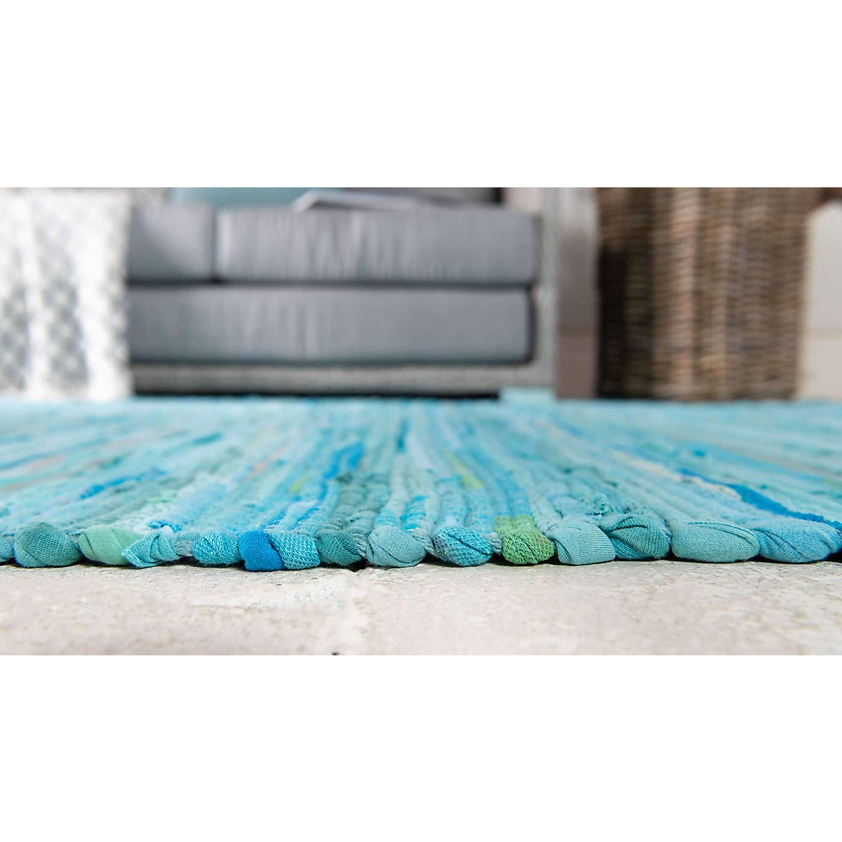 Unique Loom Chindi Cotton Collection Soft Hand Woven Natural Fiber Striped Area Rug, 2 ft 2 in x 6 ft 7 in, Turquoise/Ivory