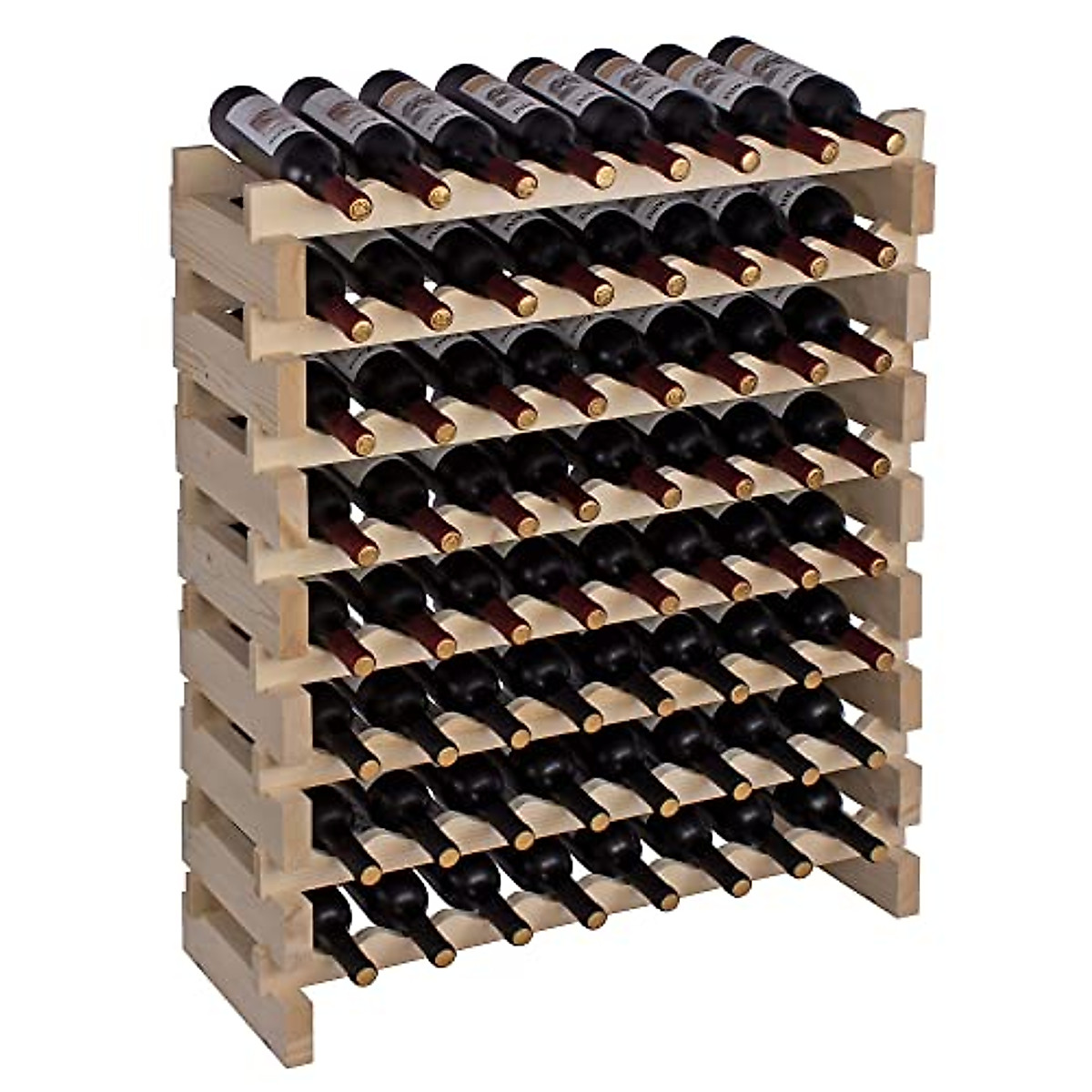 DisplayGifts Pine Thick Wood Stackable Storage Stand Display Shelves Wine Rack Wobble-Free Natural Wood 64 Bottle Capacity 8 X 8 Rows