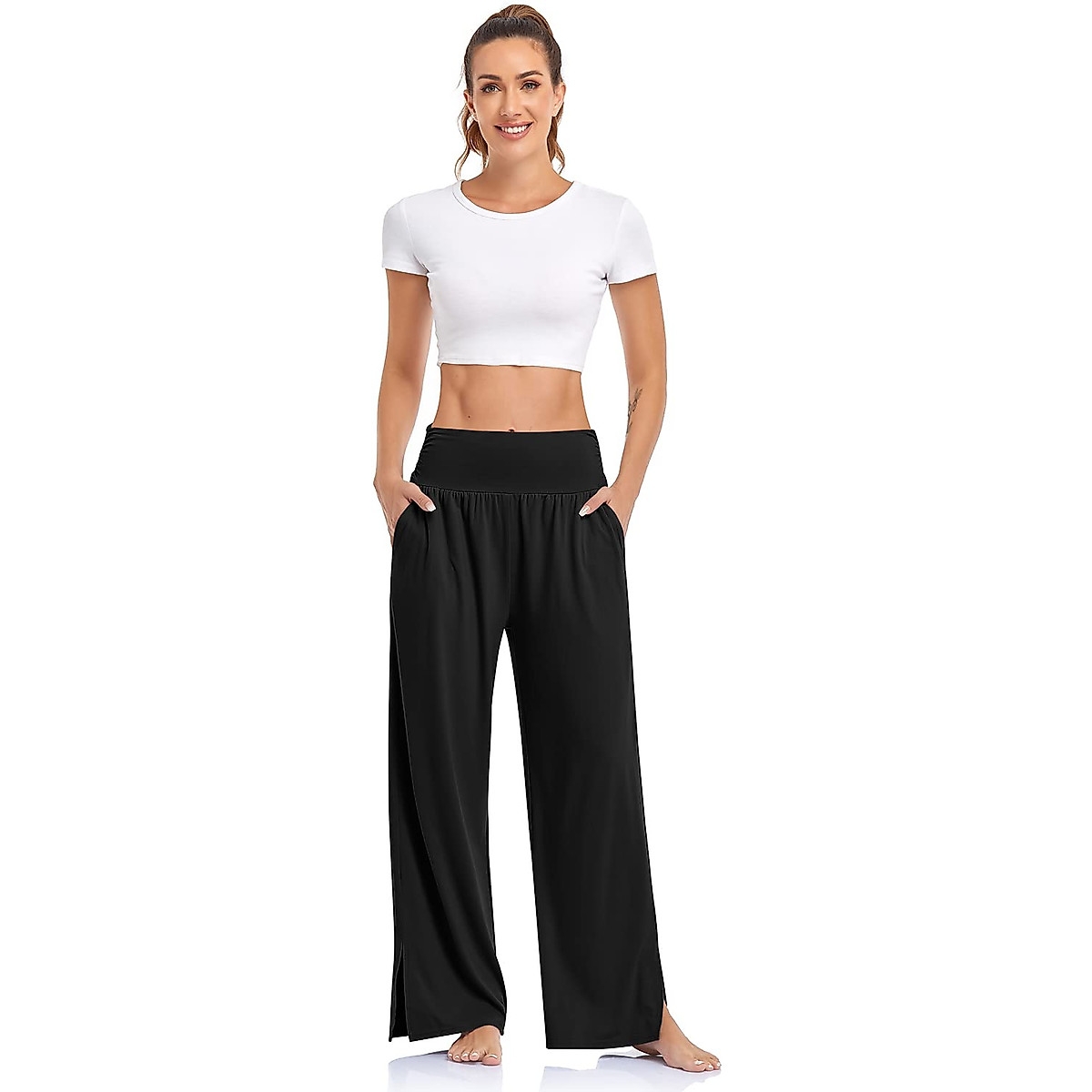 UEU Womens Wide Leg Yoga Pants High Waisted Side Slit Joggers Casual Loose Lounge Sweatpants with Pockets- 28" Inseam (Black, S)