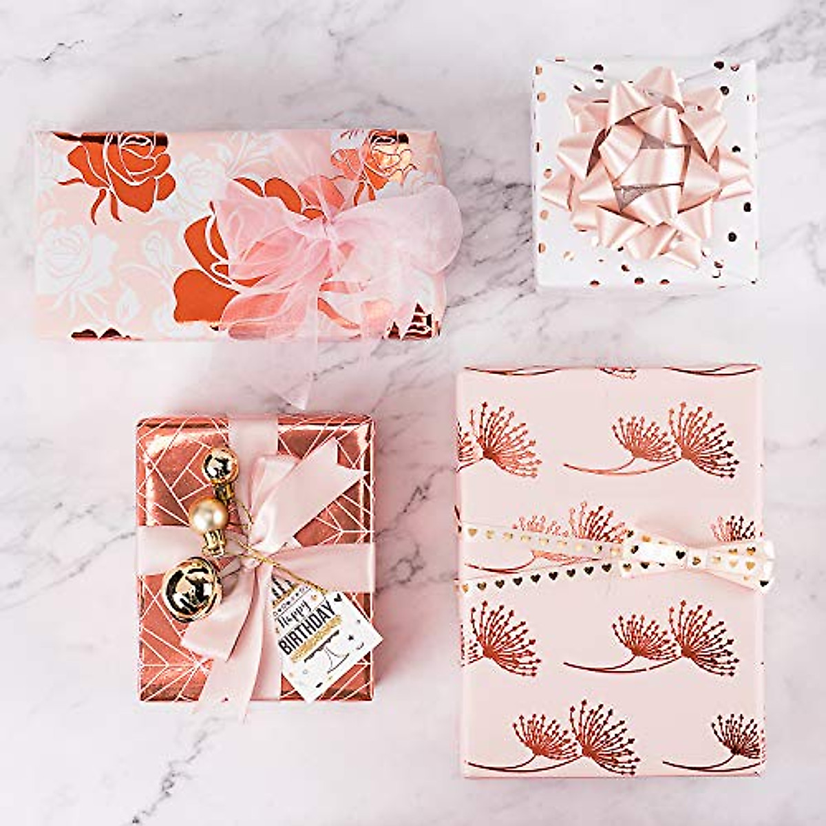 WRAPAHOLIC Wrapping Paper Roll - Rose Gold Floral, Dandelion, Lines and Polka Dots for Wedding, Birthday, Baby Shower - 4 Rolls - 30 inch X 120 inch Per Roll