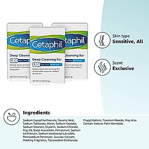 Cetaphil Bar Soap, Deep Cleansing Face and Body Bar, Pack of 3, For Dry to Normal, Sensitive Skin, Soap Free, Hypoallergenic, Paraben Free, Removes Makeup, Dirt and Oil