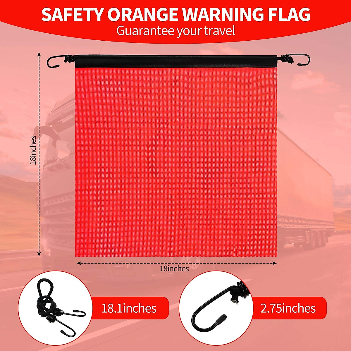 2 Pieces 18 x 18 Inch Hook Safety Warning Flag Mesh Safety Flag Warning Flag with Vinyl Welt and Bungee Cord for Truck and Pedestrian Crossings (Deep Red)
