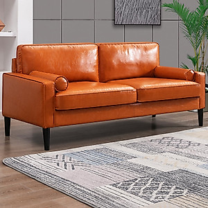 Mjkone 76" Upholstered 3 Seats Sofa, Cognac PU Leather 3-Seater Sofa Chair with Bolster Cushions, Faux Leather Brown Room Furniture, Modern Sectional Sofa Couch for Home Living Room/Apartment/Office