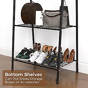 JEROAL Clothing Garment Rack, Coat Organizer Storage Shelving Unit, Entryway Storage Shelf with 2-Tier Metal Shelf, Black