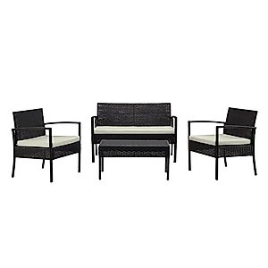 Manhattan Comfort Noli 4-Piece Patio Conversation Set, Outdoor Furniture Made of Steel Rattan | Includes 2 Modern Armchairs, Loveseat, Tempered Glass Coffee Table, Removable Waterproof Cushions, Cream
