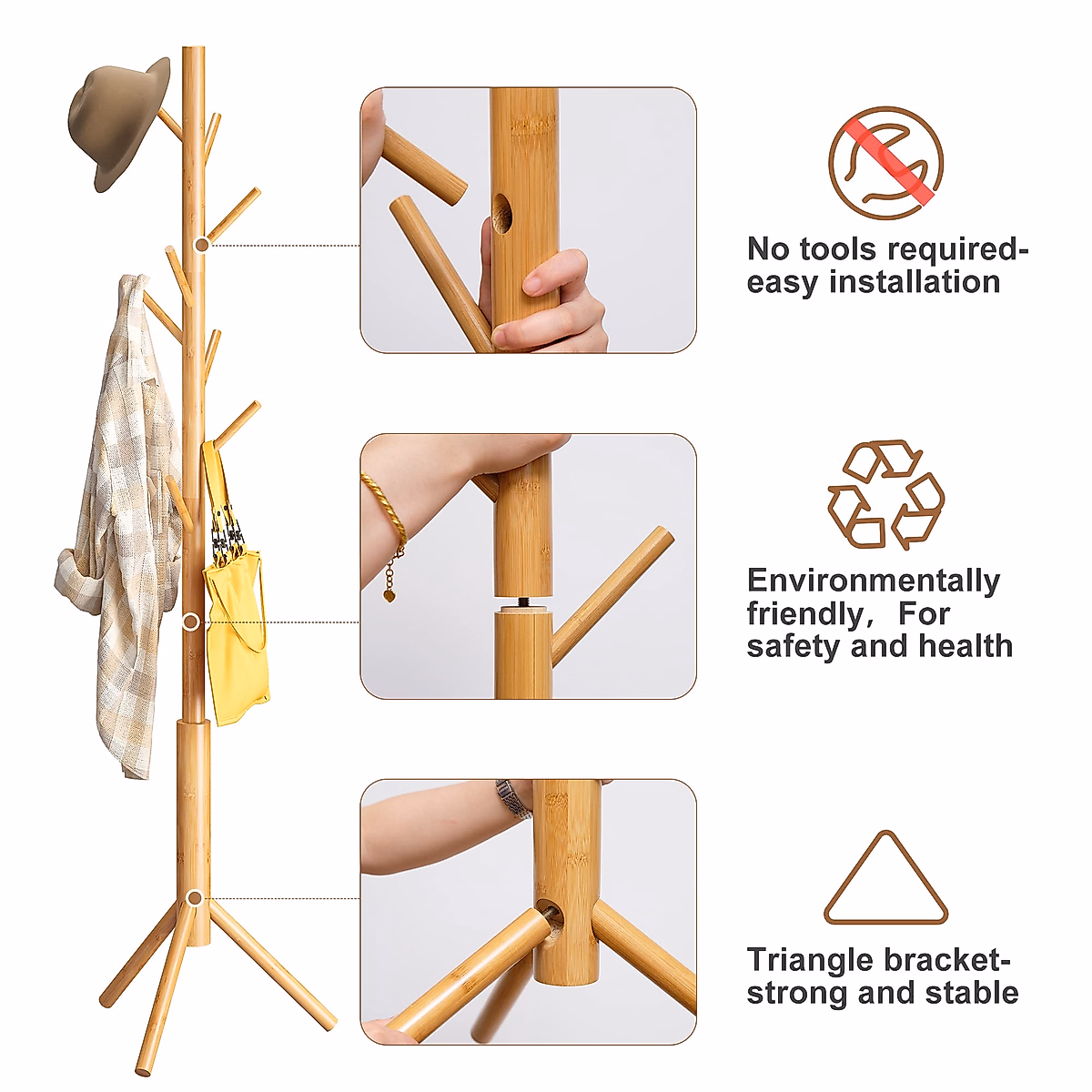 FILWH Bamboo Coat Rack Freestanding Adjustable Coat Tree with 3 Sections & 8 Hooks Easy to Assemble Coat Hanger Stand for Bedroom Office Hallway Entryway Bedroom Coat Rack（Natural）