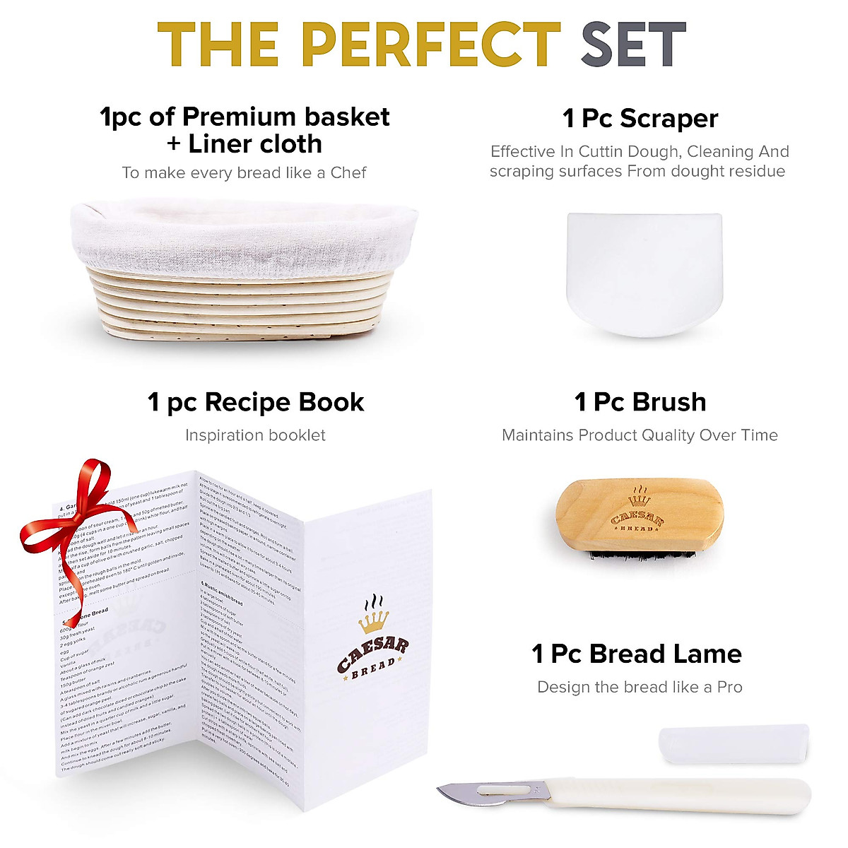 Banneton Bread Proofing Basket By Caesar Bread, 10 Inch Oval Sourdough Brotform For Rising Dough Set, Include Cloth Liner, Scraper, Bread Lame, Brush & Recipe Book For Beginners & Professional Bakers