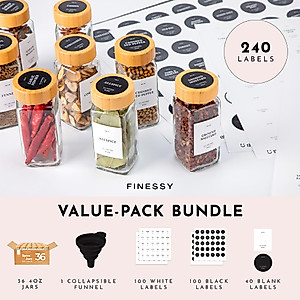 FINESSY Glass Spice Jars with Labels Bamboo, 36 pcs Glass Seasoning Containers, Spice Containers Set with Shaker Lids Seasoning Jars, 4 oz Empty Spice Bottles Storage, Kitchen Seasoning Organizer