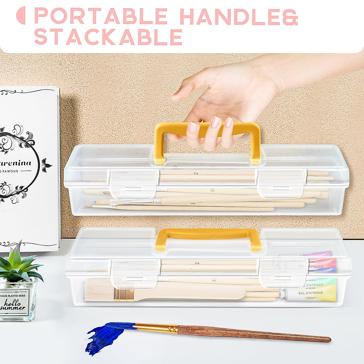 Vowcarol 2 Pack Paint Brush Case Portable, Long Paint Brush Storage Box, Paint Brushes Holder