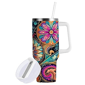 Jihqo Colorful Oriental Textile Tile 40 oz Stainless Steel Vacuum Insulated Tumbler with Handle and Straw Lid, Leakproof Water Bottle Double Wall Travel Mug Coffee Cup, Cupholder Friendly