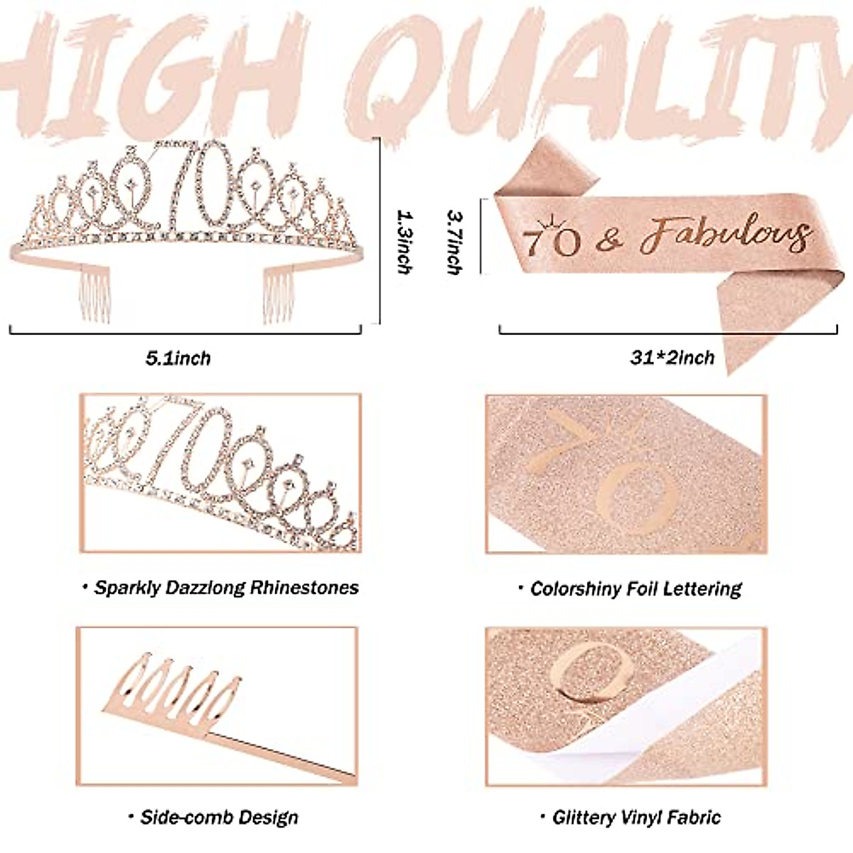 70th Birthday Gifts for Women - 70th Birthday Decorations Women Includes Birthday 3D Pop Up Card,Tiara Crown,Sash,Cake Toppers,Balloons,Candles with Gift Box