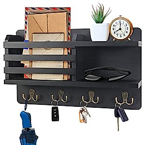 BEIUTAO Black Key Holder for Wall Mail Organizer Wall Mount with 4 Double Hooks for Coats,Key Rack Organizer for Wall Key Hanger Rack for Entryway Farmhouse Décor