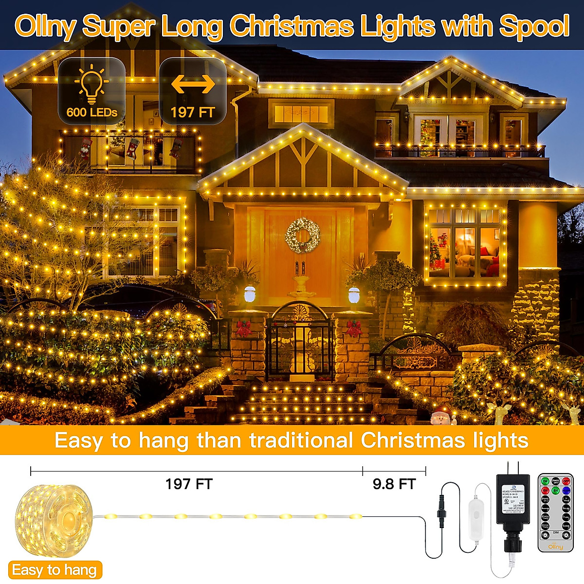 Ollny String Lights 600LED 197FT, Warm White Fairy Lights IP67 Waterproof with Remote 8 Modes Timer Dimmable, Plug in Christmas Lights for Outdoor Indoor House Yard Holiday Decorations