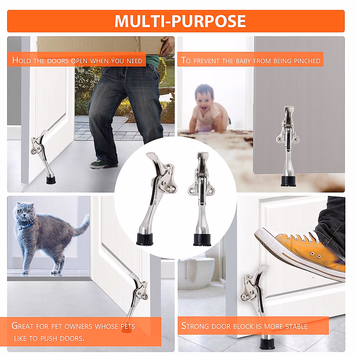 KOVOSCH 4 Inches Kickdown Door Stoppers Brushed Satin Nickel, Heavy Duty Door Stoppers for Bottom of Door, Door Stop with One Touch and Soft Rubber Tips, Zinc, 1 Pack