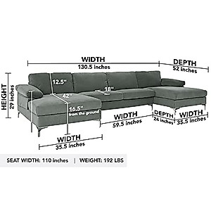 Casa Andrea Milano Modern Large Velvet Fabric U-Shape Sectional Sofa, Double Extra Wide Chaise Lounge Couch, Neutral Grey
