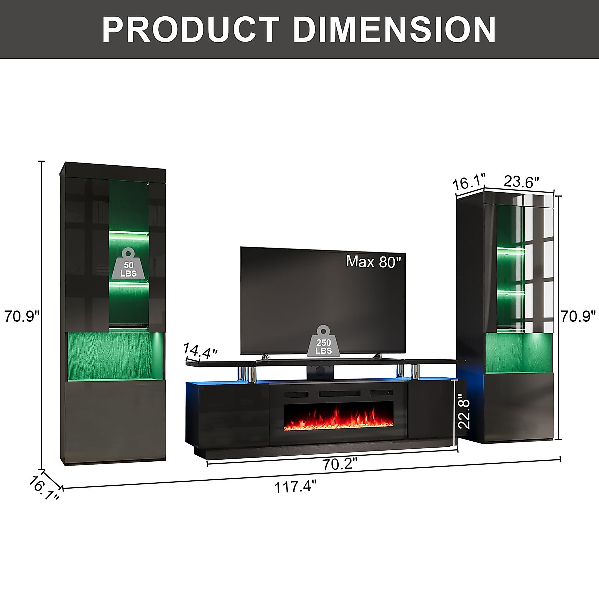 AMERLIFE Entertainment Center with Fireplace and Bookcases, Includes 70" 2-Tier Fireplace TV Stand with 36" Fireplace, 2 x Modern High Gloss Bookshelves with LED Lights & Glass Doors, Black