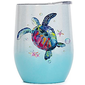 DOUDIZHU Sea Turtle Insulated Glitter Tumbler, Gifts for Friends, Her, Mom Wine Tumbler 12 oz Turtle Stainless Steel Cup with Lid, Birthday Gift for Turtle Lovers Beach Ocean Decor