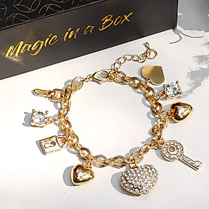 Aphrodite’s Magic in a Box Love Locked Charm Bracelets for Women, 9 fun Charms Bracelet with Deluxe Gift Box, Birthday Christmas Jewelry Gift for Girls, Mom, Wife, Sister and Friend