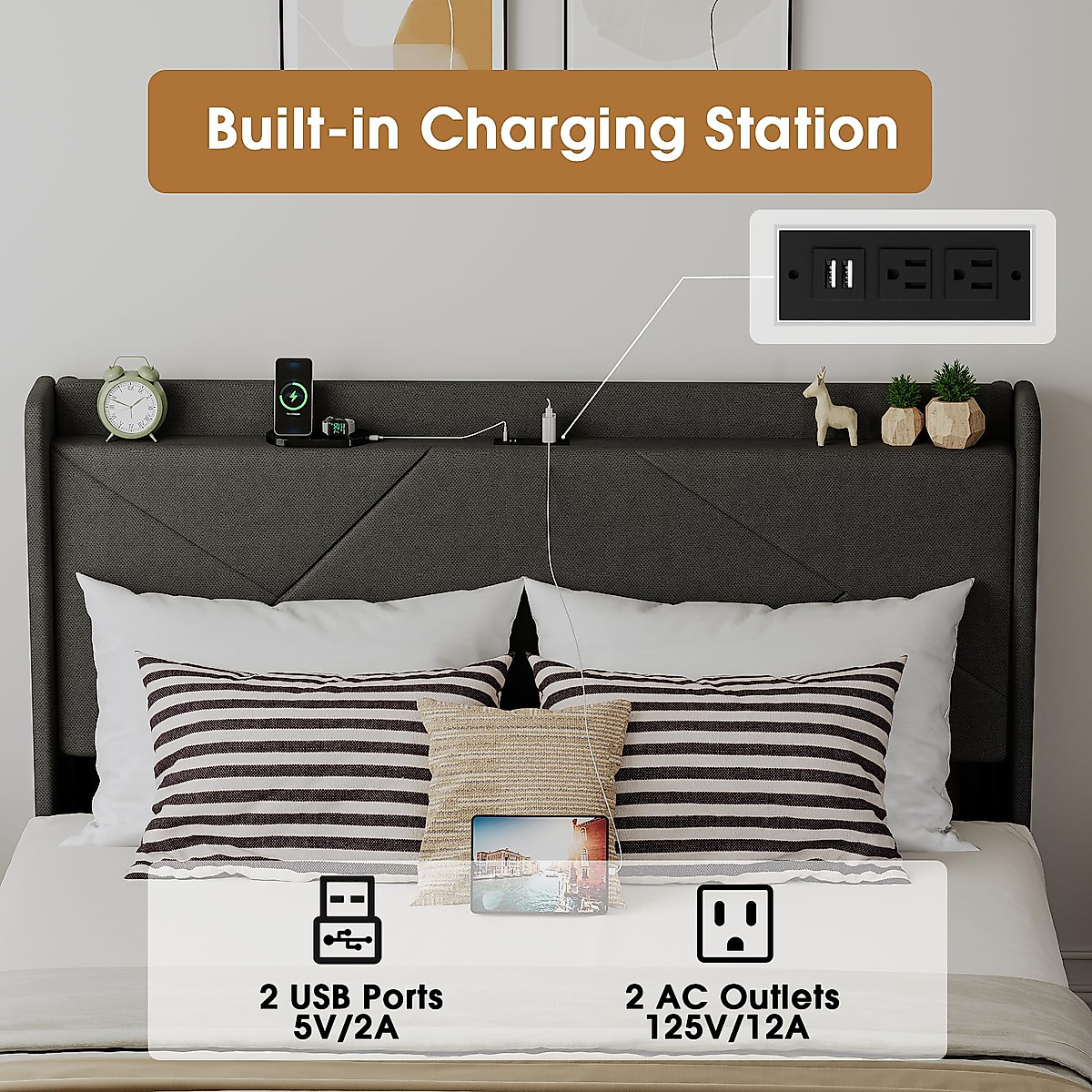 Lifezone Queen Bed Frame with Headboard, Queen Bed Frame with Charging Station, Upholstered Bed Frame with Wingback Shelf, Under-Bed Storage, No Box Spring Needed,Easily Assemble, Dark Grey