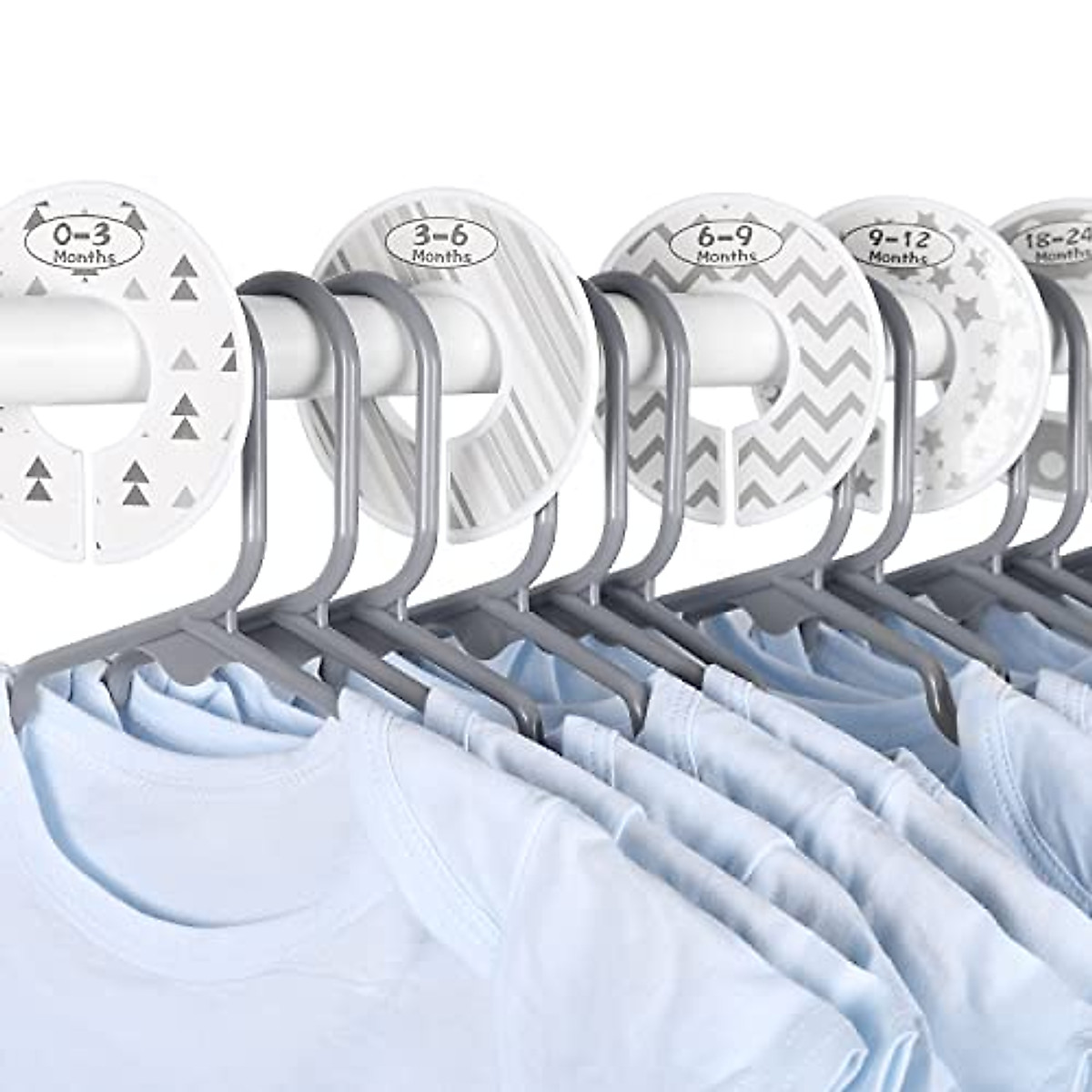 Minnebaby Plastic Baby Hangers 60 Pack, Ultra Thin No Slip Infant Nursery Clothes Hangers with 6 Pcs Cute Clothing Dividers for Boys & Girls Closet Organizer, Gray Kids Hangers