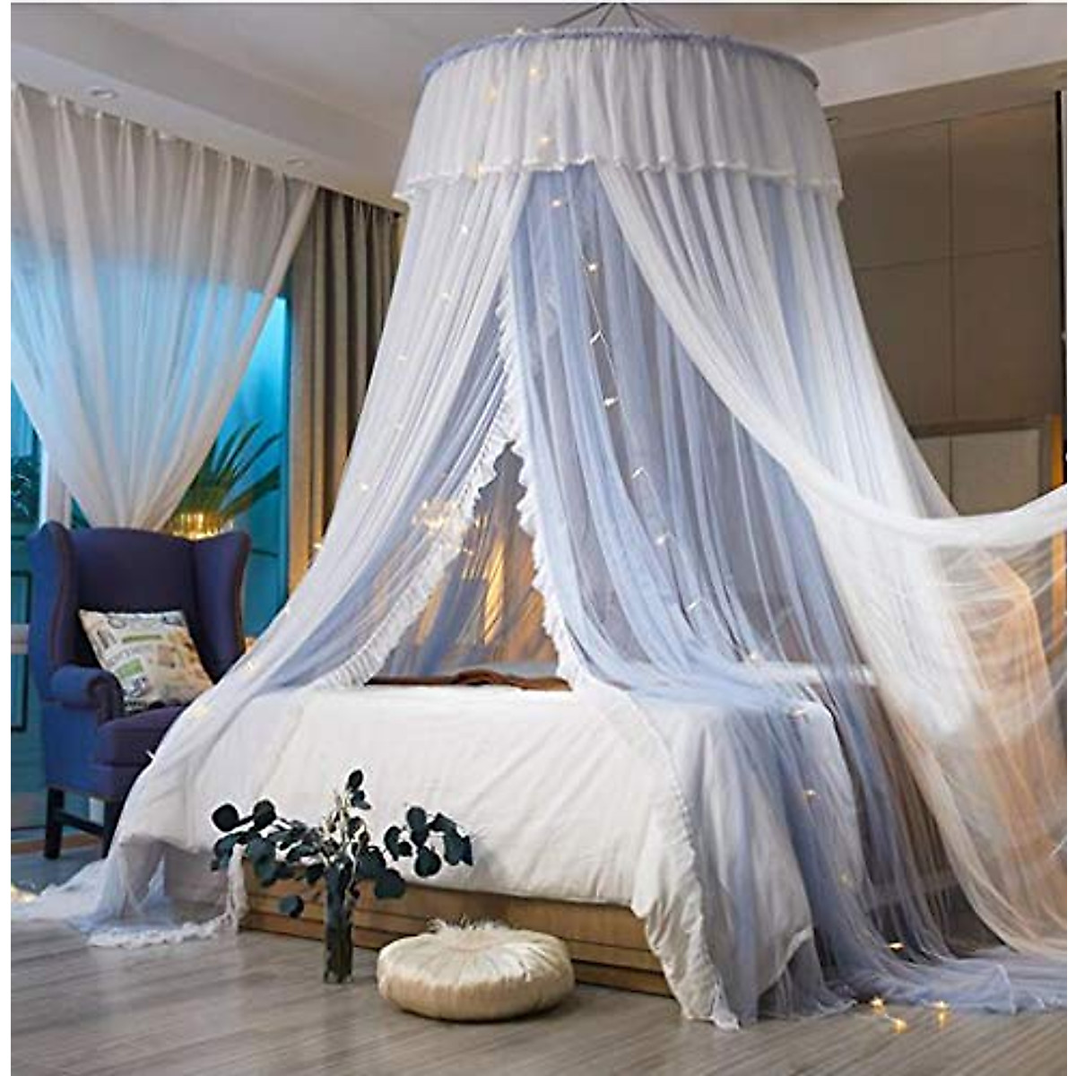 Mengersi Bed Canopy for Girls with Stars String Lights,Decor Bed Drapes-Double Layer Mesh Dreamy Bed Netting Use to Cover The Baby Crib, Kid Bed Single to King Size -Extra Large (Gray Blue and White)