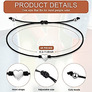 48 Pieces Heart Matching Bracelets for Friend Heart String Bracelet Heart Friendship Bracelets Matching Bracelets for Couples Black Adjustable Couple Handmade Promise Bracelet for Friend Women