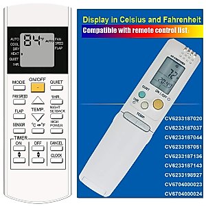 Replacement for Panasonic Air Conditioner Remote Control CV6233198927 CV6233187136 CV6233187143 CV6233187044 CV6704000024 CV6233187020 CV6233187051 CV6704000023 CV6233187037 CS-KE30NKU