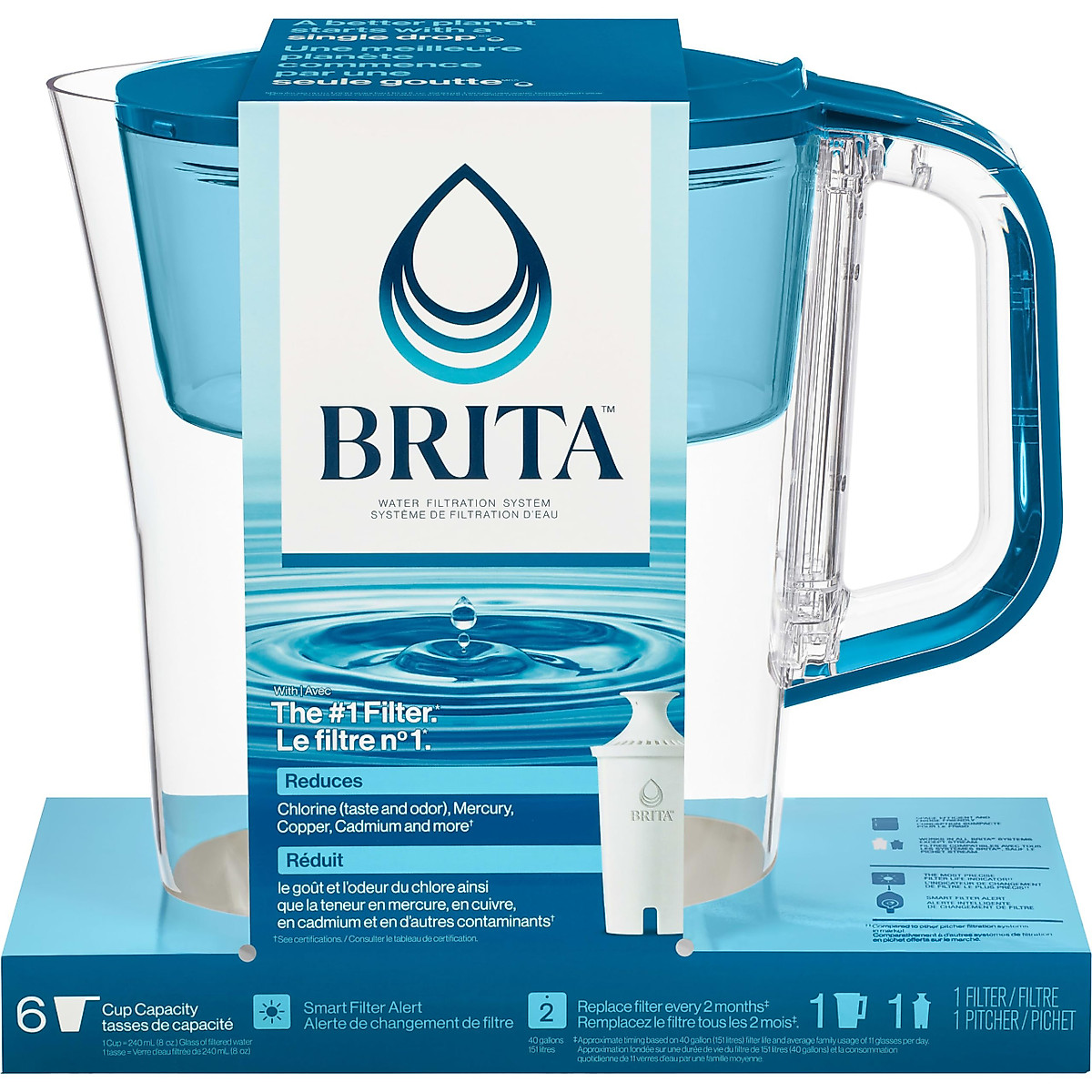 Brita Small 6 Cup Denali Water Filter Pitcher with 1 Brita Standard Filter, Made Without BPA, Transparent Teal