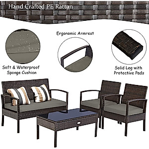 HOMGX 4 Piece Patio Furniture Set, Outdoor Modern Wicker Rattan Conversation Set w/Tempered Glass Top Coffee Table & 3 Padded Cushions for Backyard, Garden and Courtyard