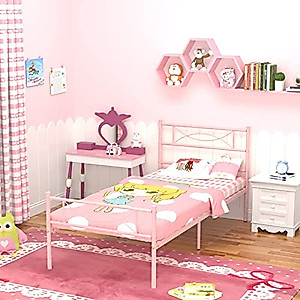 Pink Twin Bed Frame for Girls, Bed Mattress Foundation Support with Headboard and Footboard No Box Spring Need Metal Platform Bed