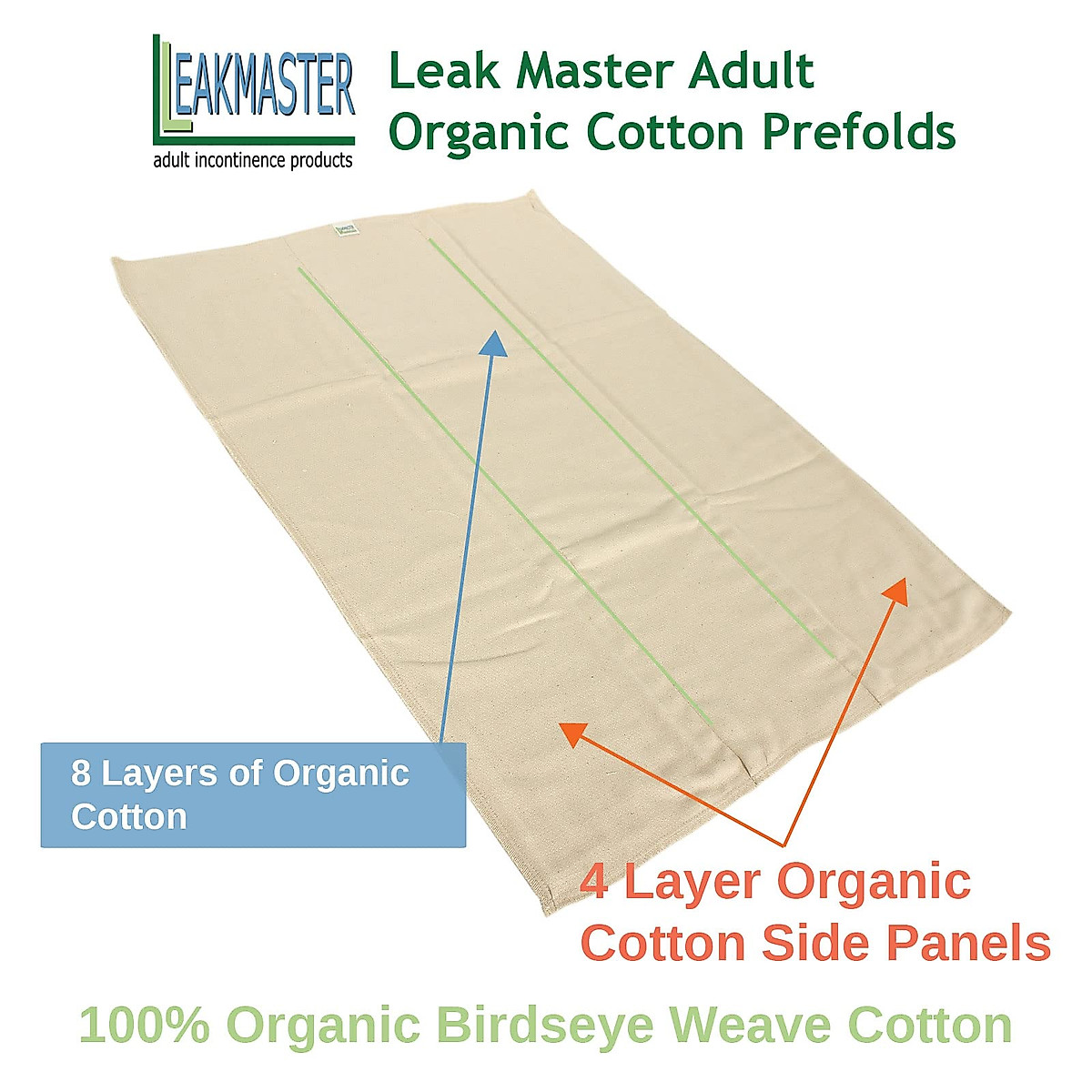 LeakMaster Organic Adult Prefold Cloth Diaper - Size Medium (32 to 42 Inch Waists)- 100% Organic Birdseye Weave Cotton - Extra Soft, Durable and Earth Friendly