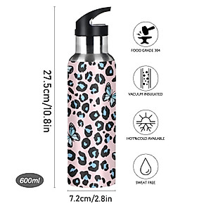 senya Water Bottle 0014 Stainless Steel with Straw Lid Kids Thermos Bottle Water Flask Butterfly Leopard Cheetah Print for Sport Office Gym Outdoor School 20 oz