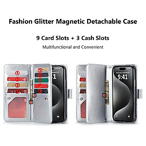 Varikke for iPhone 15 Pro Wallet Case, Detachable iPhone 15 Pro Case Magnetic Wallet for Women with Card Holder & Kickstand, Glitter PU Leather Wrist Strap Phone Cases for iPhone 15 Pro 6.1", Silver
