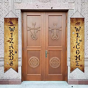 Magical Wizard Banners WELCOME WIZARD Magic Wizard Themed Party Supplies Wizard Porch Signs Wizard Backdrop for Photography Halloween Party Decor Supplies (Brown Welcome Wizard)