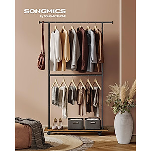 SONGMICS Clothes Rack with Wheels, Middle Rod Clothing Rack for Hanging Clothes, 38.8 Inches Garment Rack with Shelf, Height Adjustable, Loads up to 121 lb, Rustic Brown and Ink Black UHSR153B01