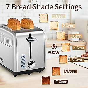 SEEDEEM Toaster 2 Slice, Stainless Steel Bread Toaster, 7 Shade Settings, 1.5'' Extra Wide Slots Toaster with Bagel, Defrost, Reheat Function, Automatic Power-off, Removable Crumb Tray, 900W, Silver Metallic