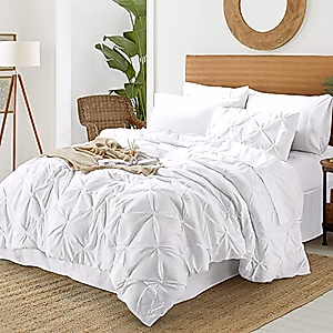 BYSURE 8 Pieces Full/Queen Comforter Sets with Sheets, White Pinch Pleated Oversize Bed in A Bag, Full/Queen Size Microfiber Comforters, Sheets, Pillowcases, Bedskirt & Shams, Big Kids Bedding Set