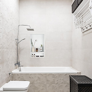 JQK Shower Niche No Tile Need, 18"×14" Matte White Bathroom Insert Shelf, 304 Stainless Steel Recessed Shower Caddy Organizer Storage, SNL1814-WH